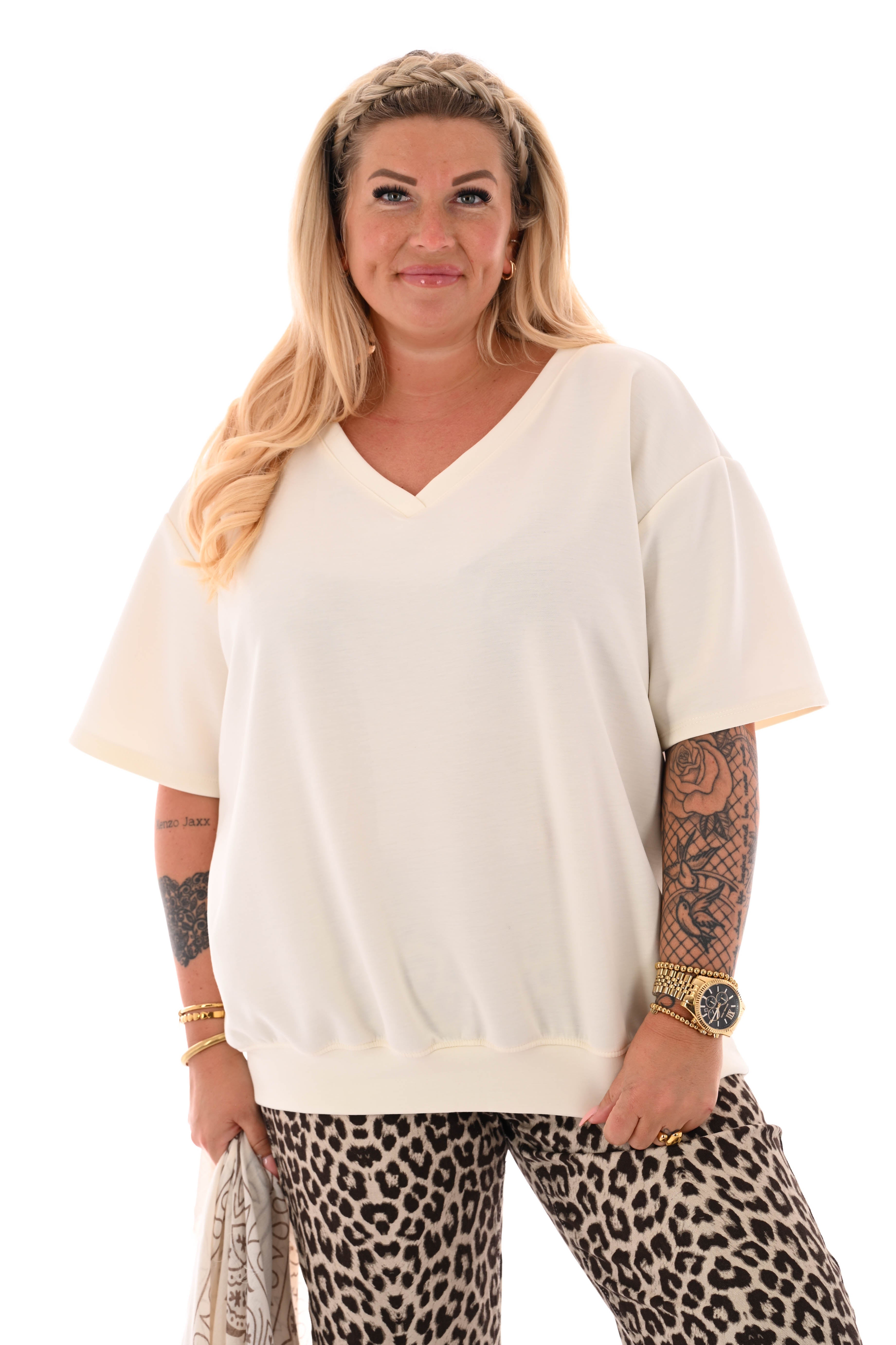 Sweater korte mouwen v-hals uni creme
