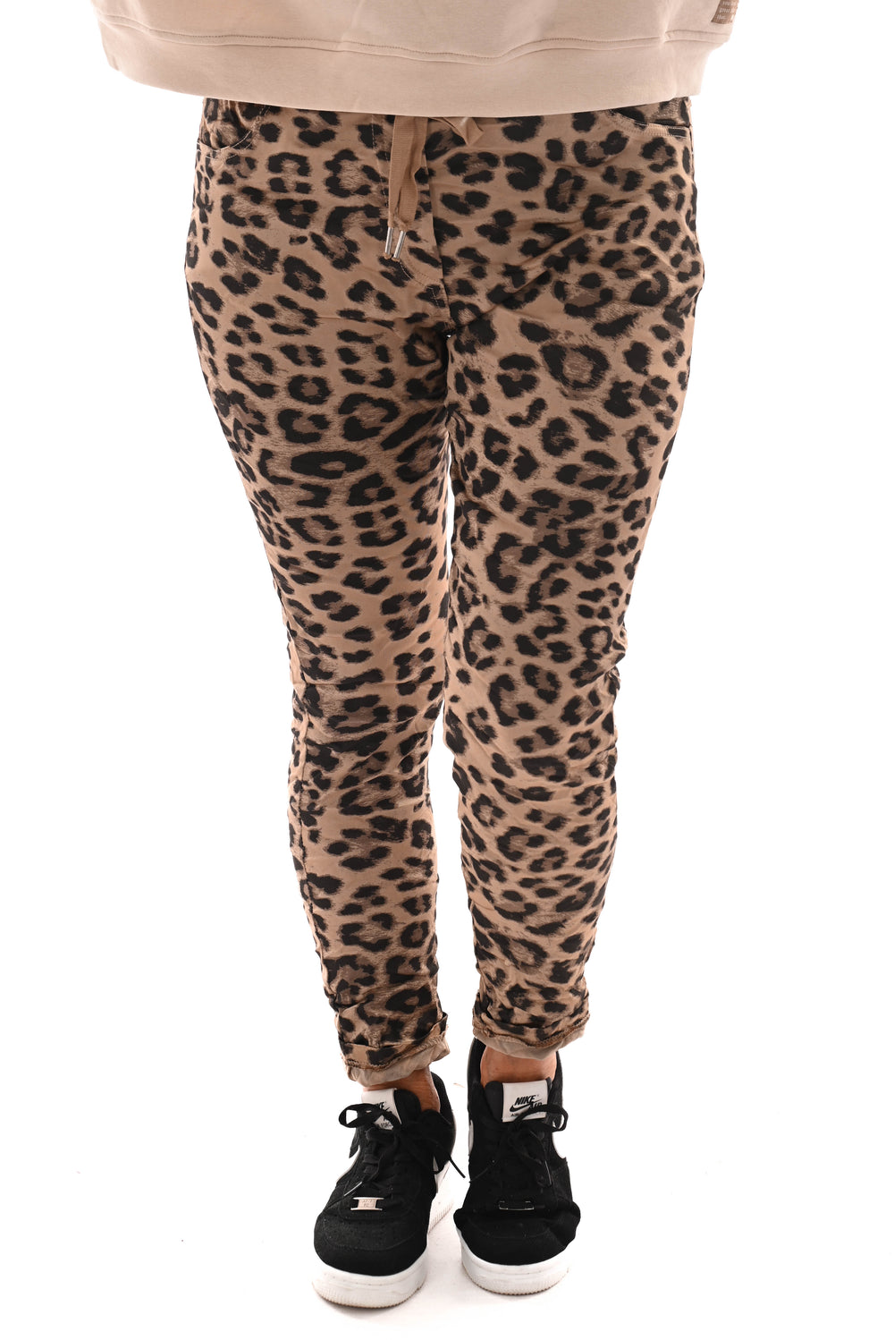 Silky stretchbroek panterprint camel