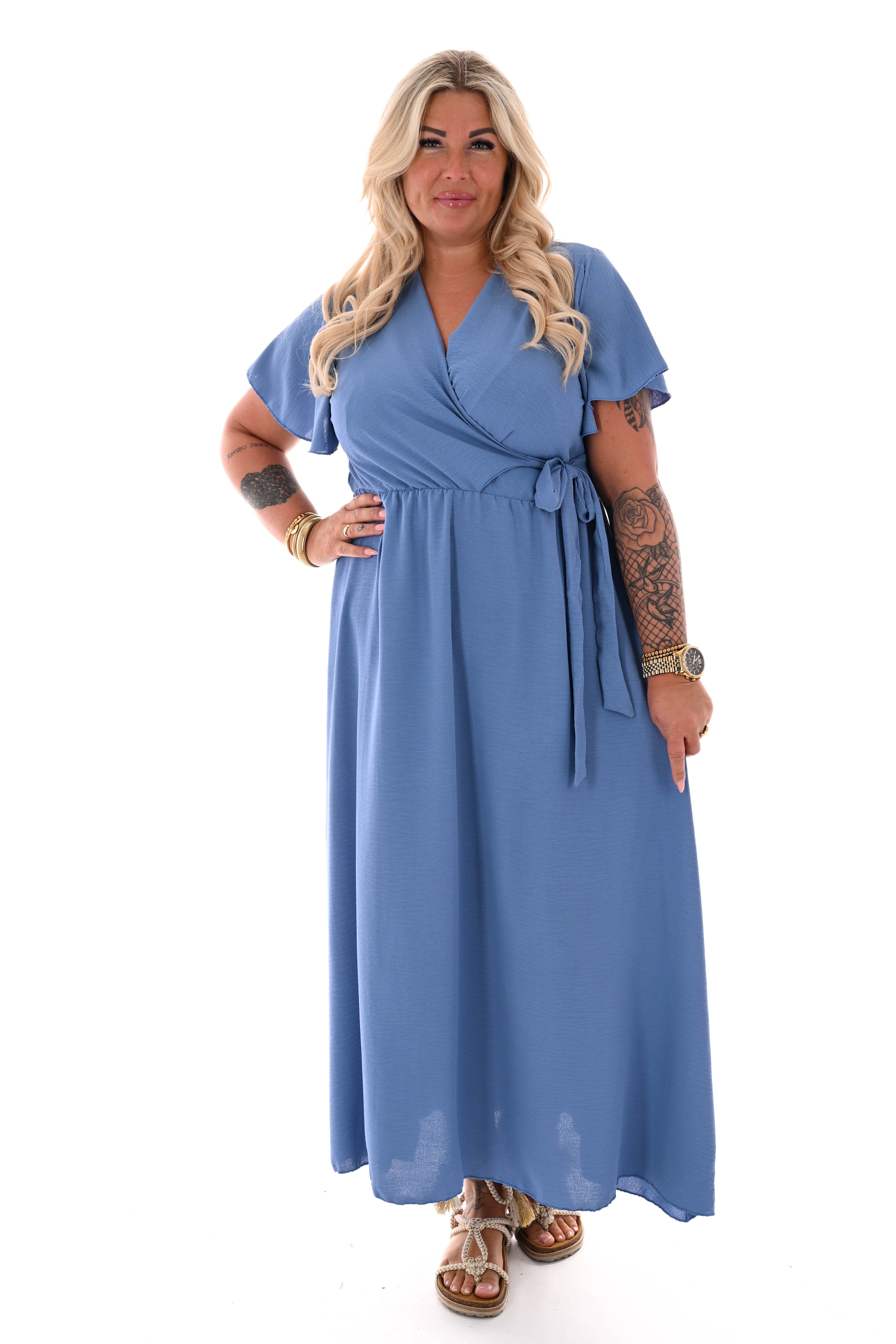 Maxi jurk korte mouwen strik uni jeansblauw