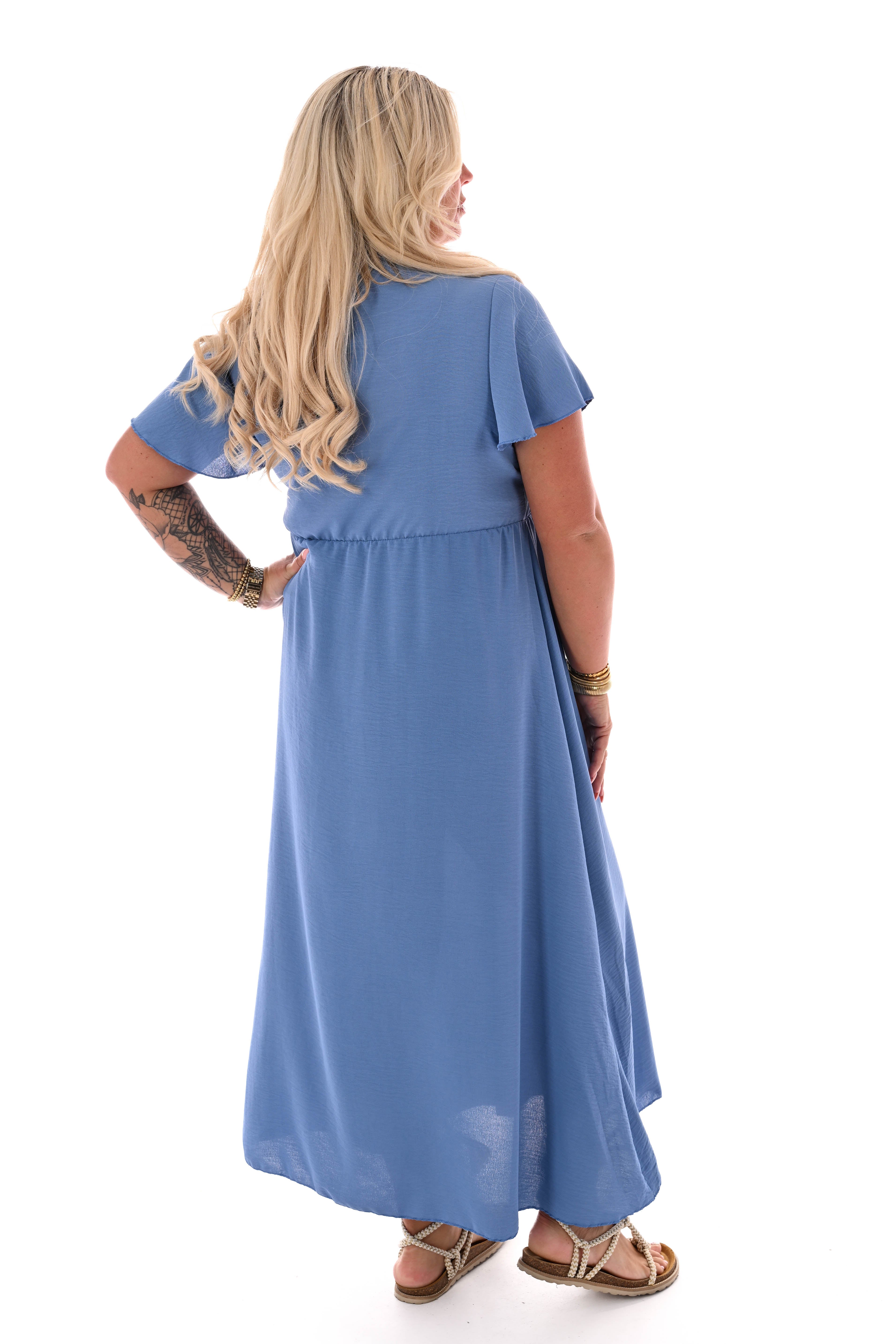 Maxi jurk korte mouwen strik uni jeansblauw