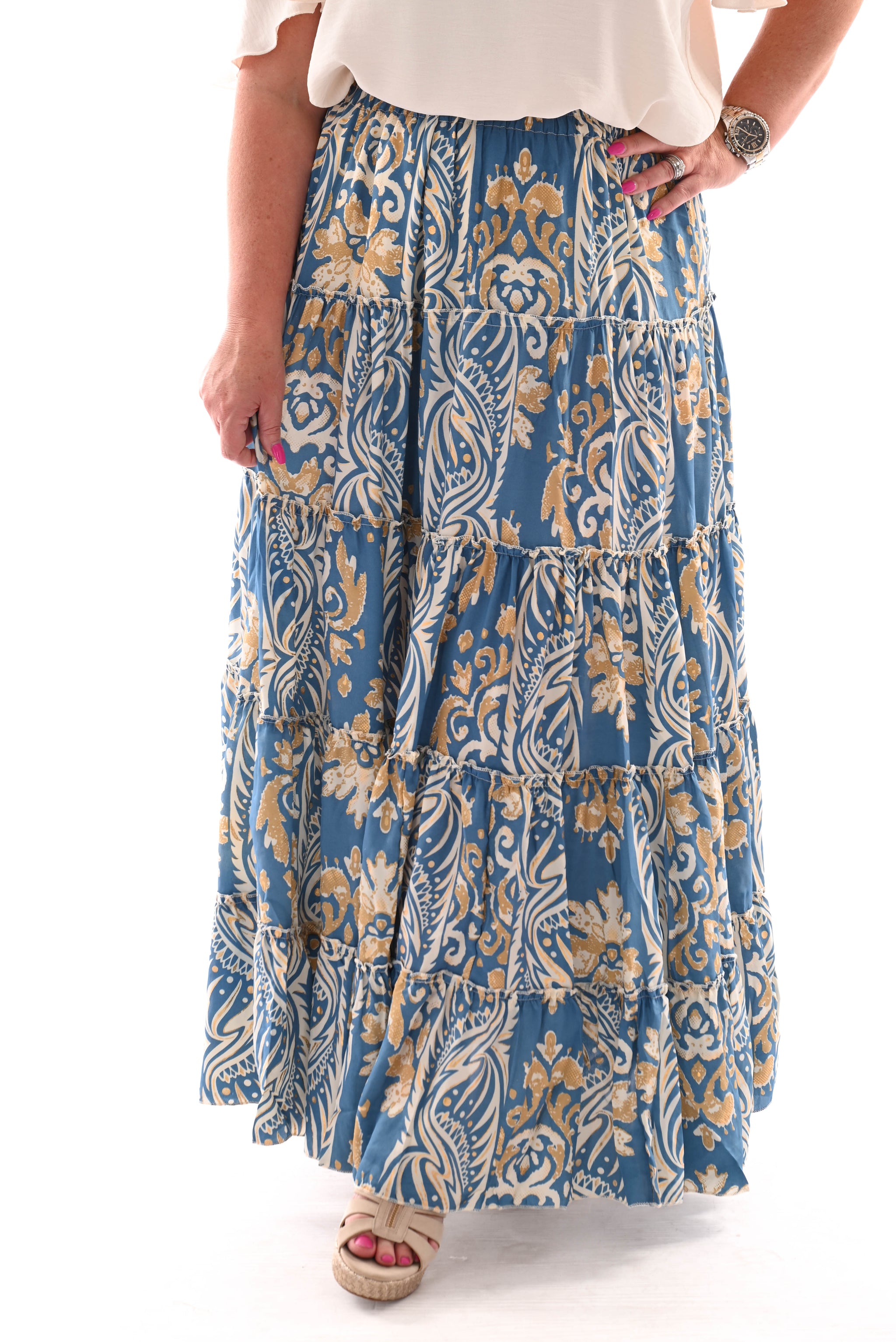 Maxi rok stroken elastieken band barok blauw