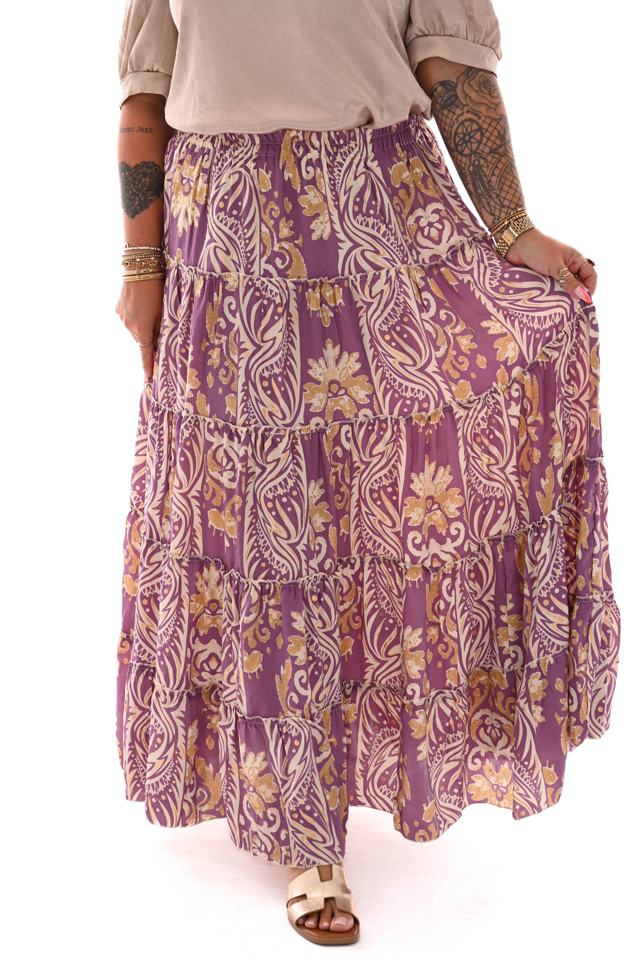 Maxi rok stroken elastieken band barok paars