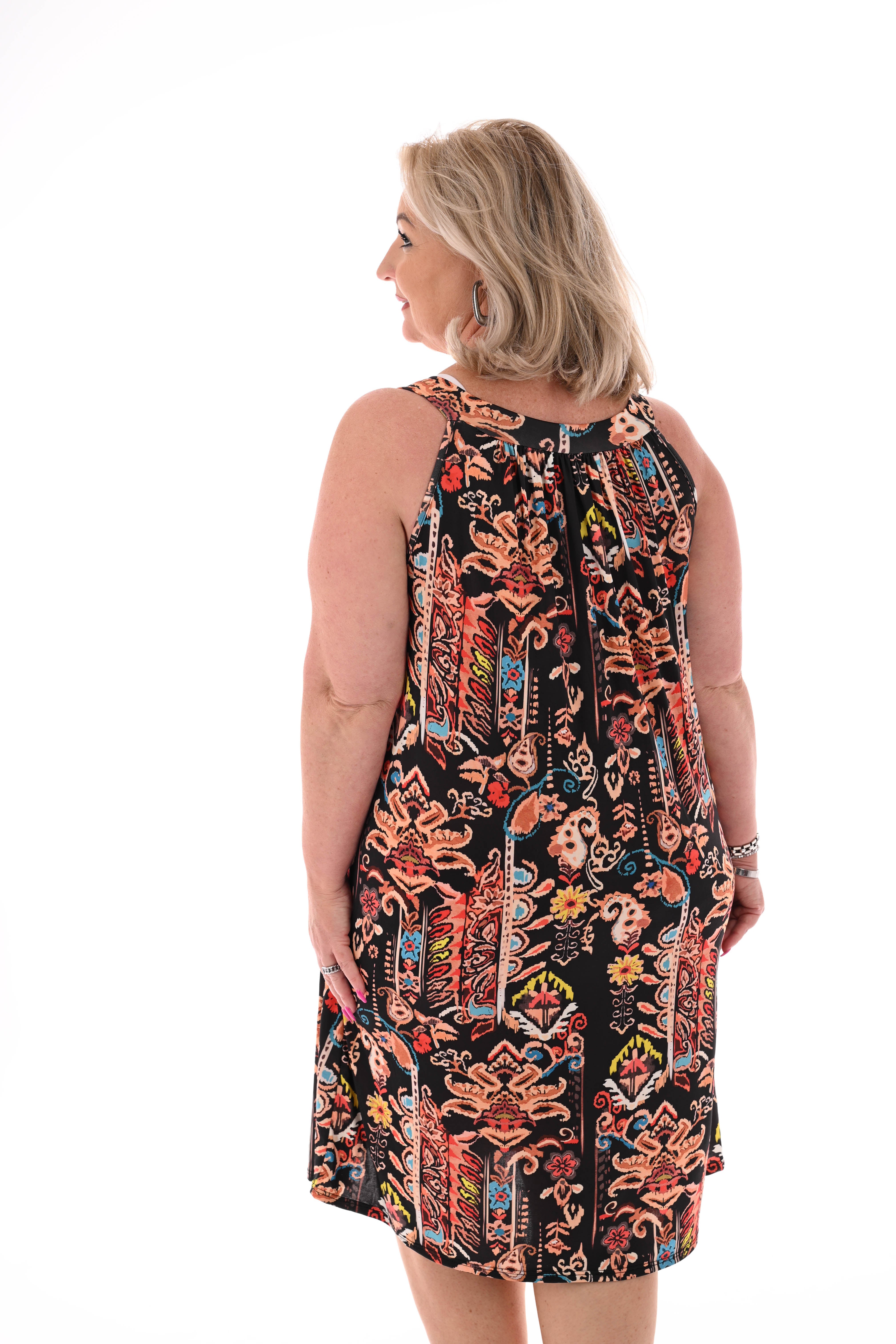 Halter jurk print paisley zwart/bruin