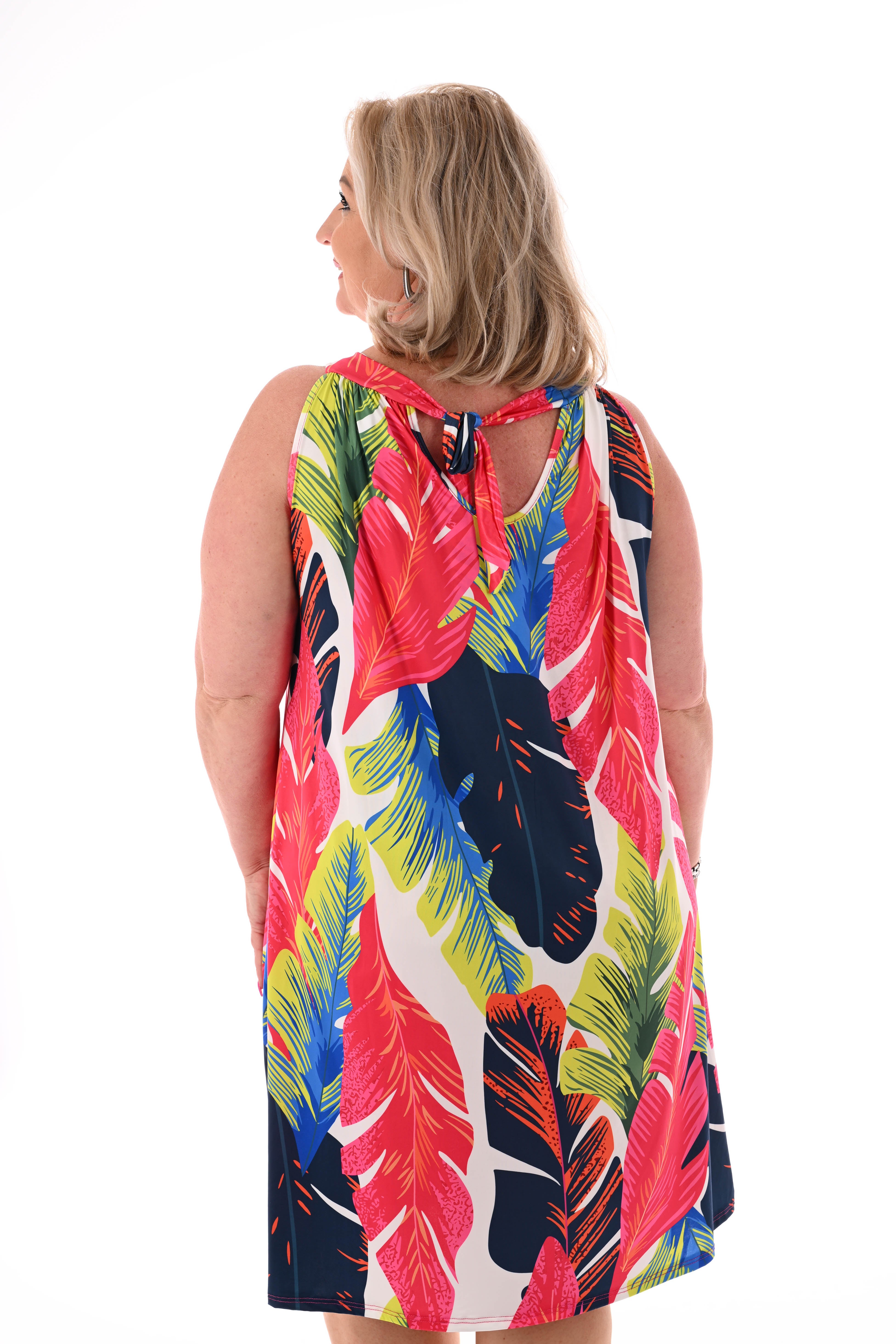 Halter jurk print blad marineblauw/roze