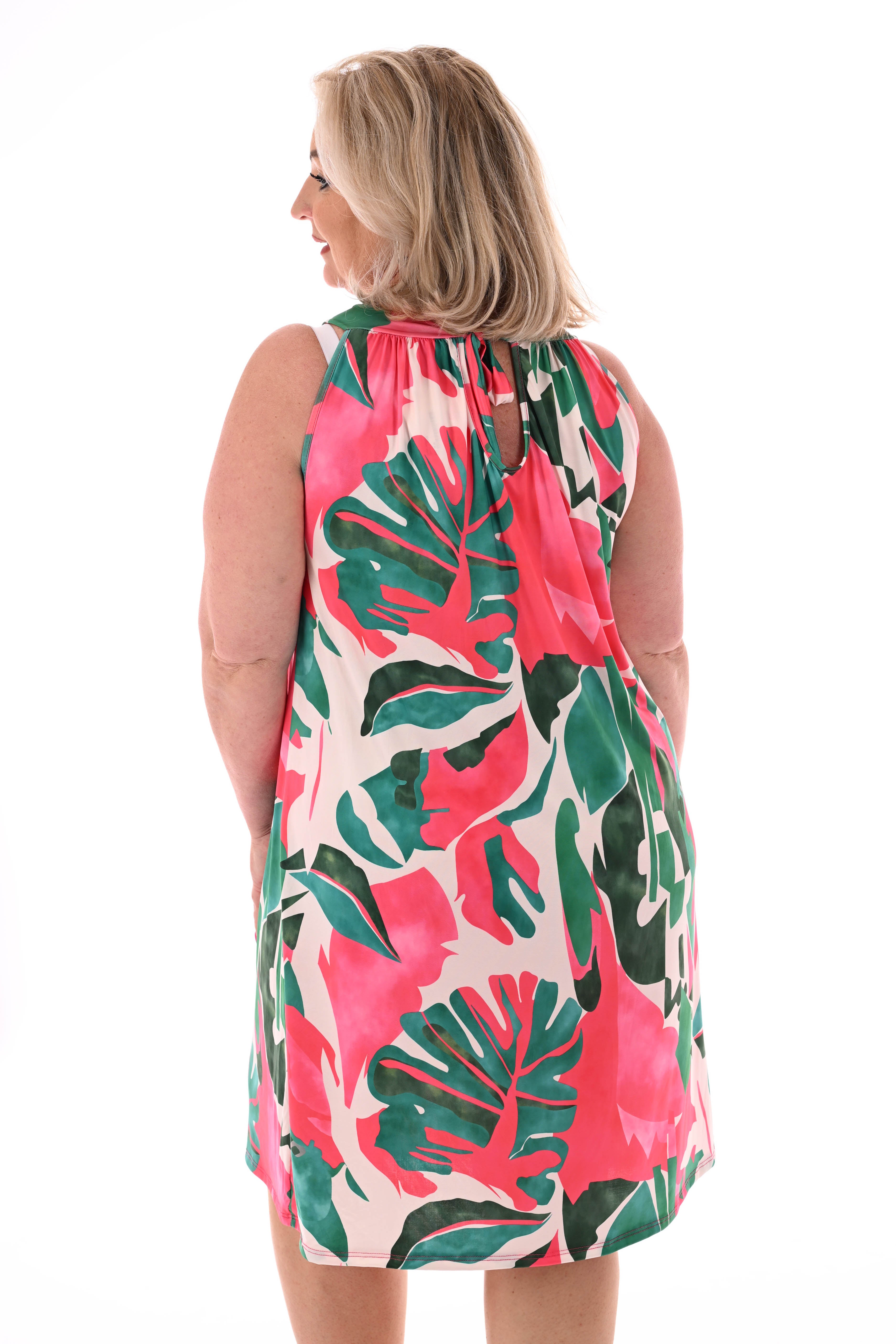 Halter jurk print blad fuchsia/groen