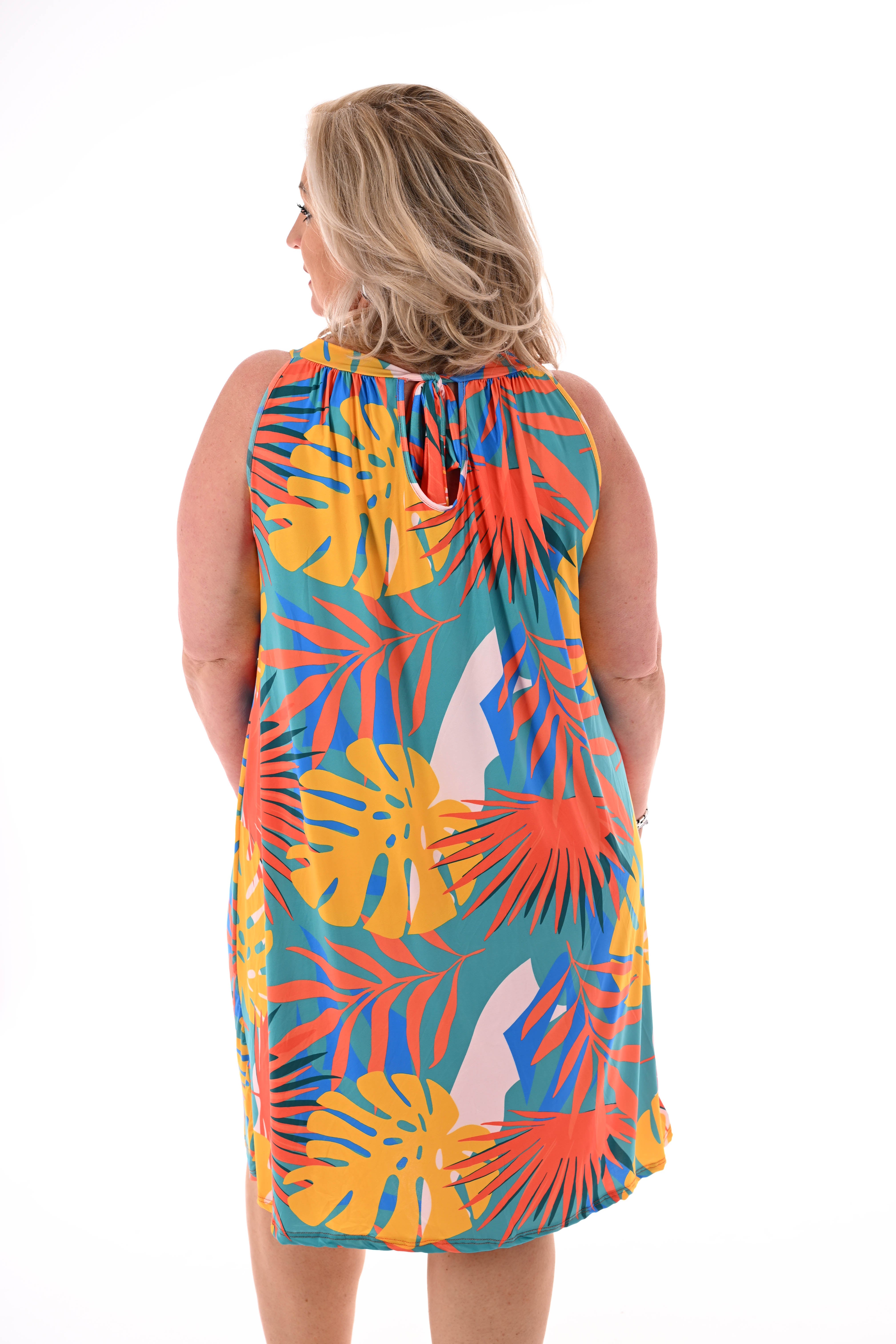 Halter jurk print blad turquoise