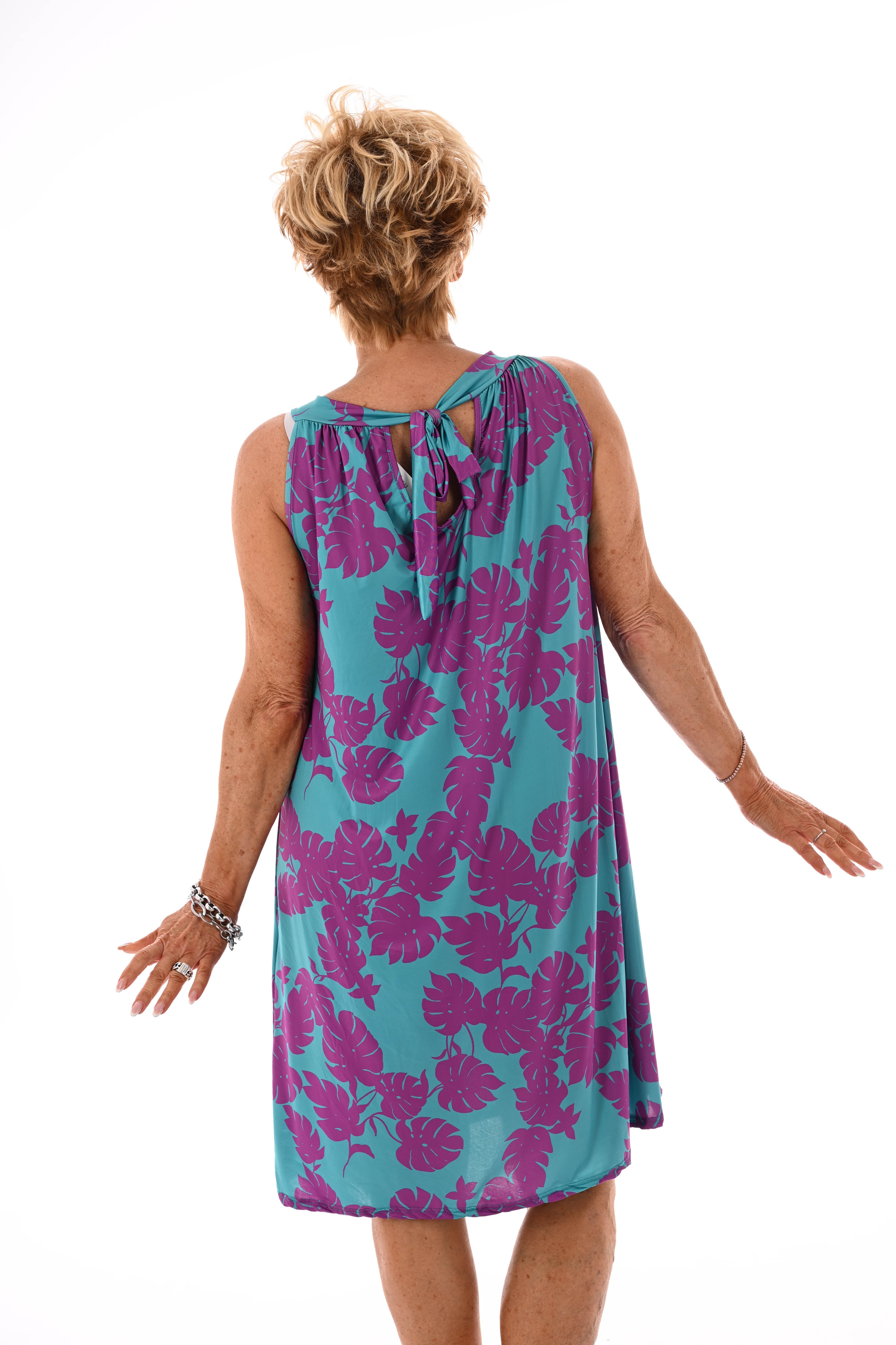 Halter jurk print blad turquoise/paars