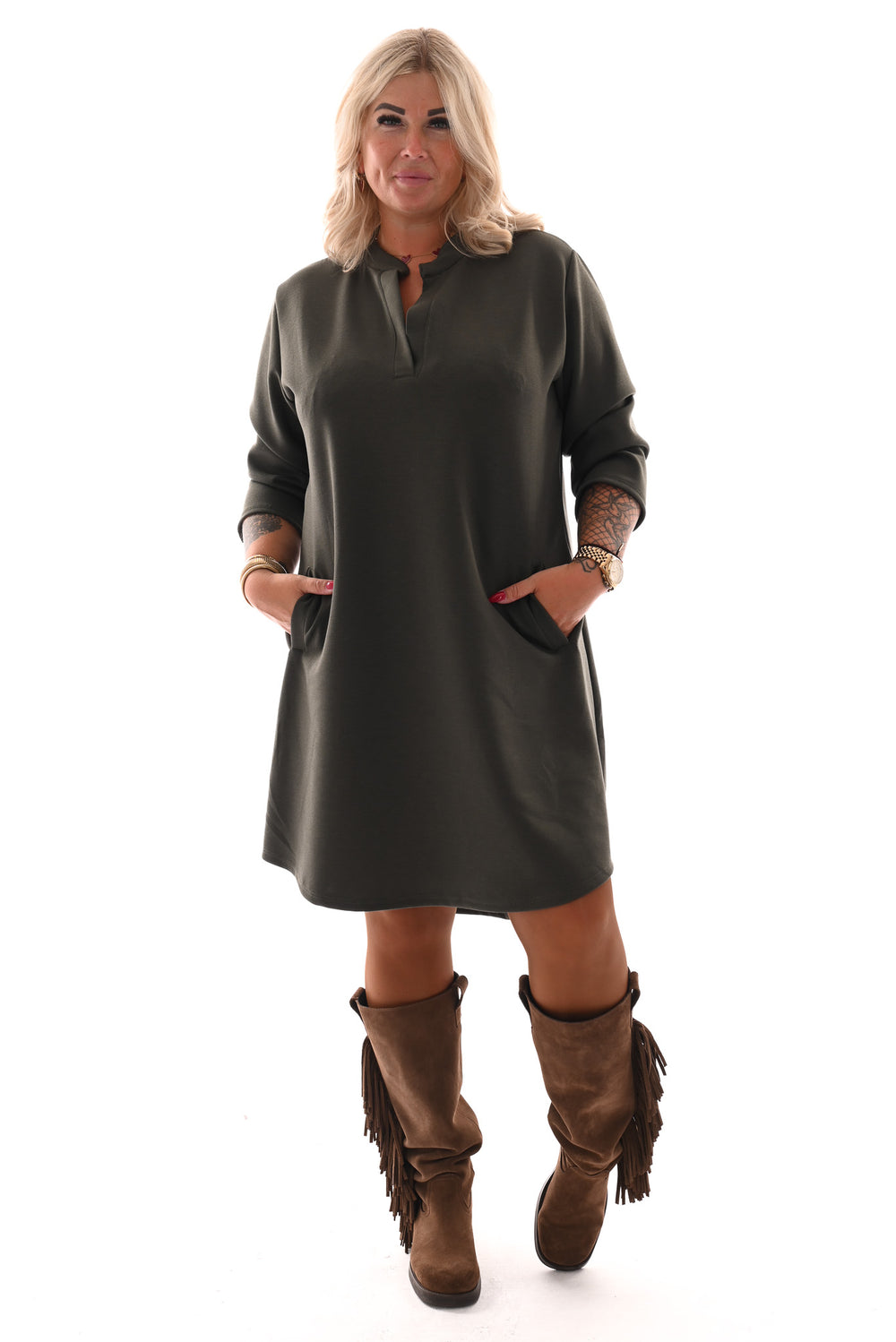 Tuniek deluxe v-hals 3/4e mouwen met zakken legergroen